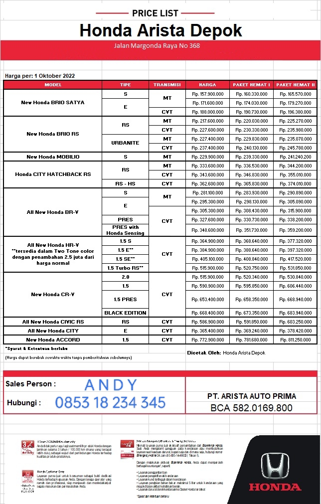 Price List Mobil Honda Terbaru 2022 - Honda Arista Depok